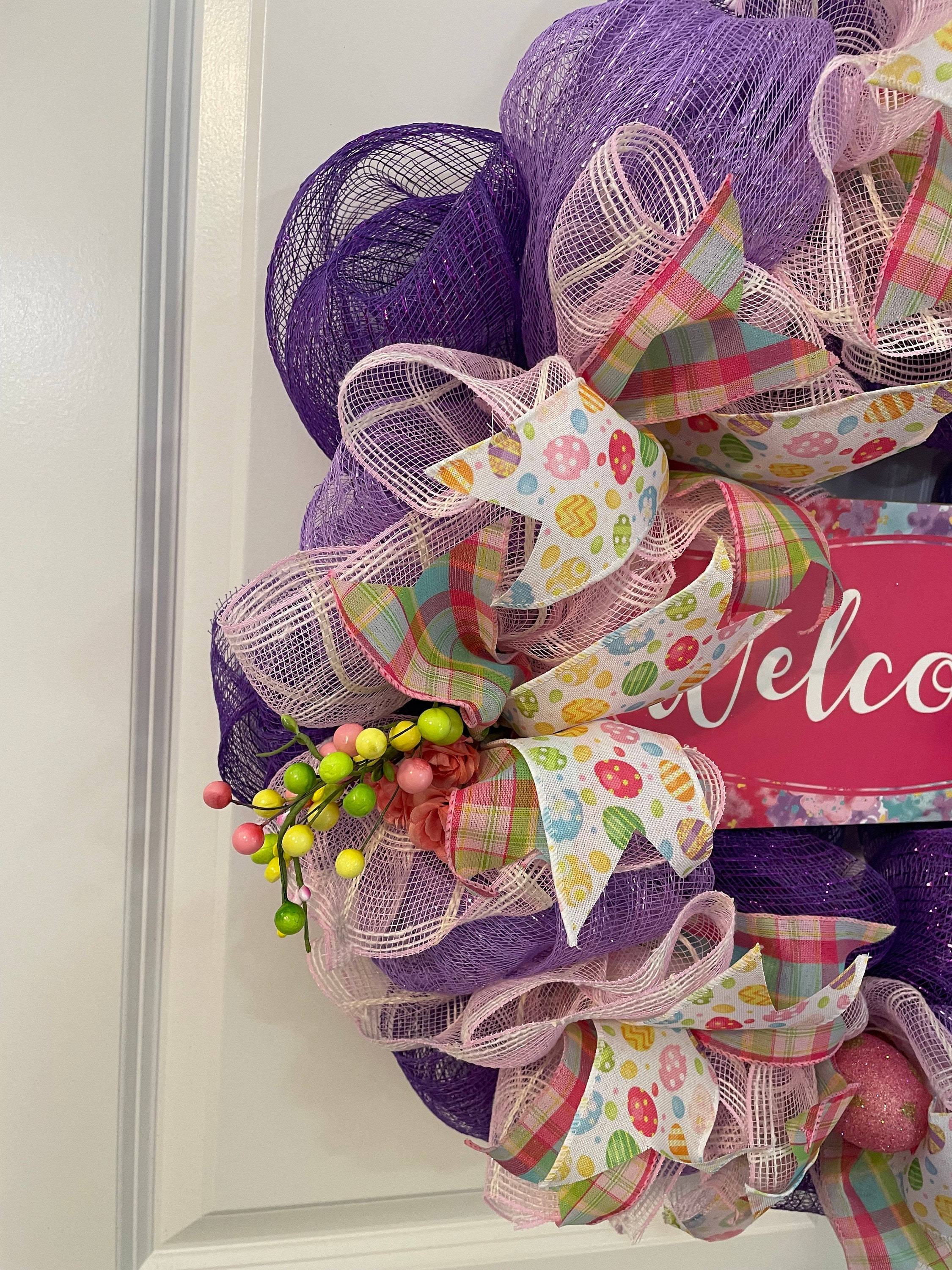 Spring Deco Mesh Welcome Wreath, Spring Wreath, Purple and Pink ...