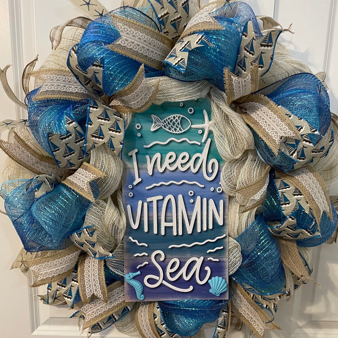 BEACH Coastal Aqua Deco Mesh Wreath. Beach Theme Custom Made Wreath. "i ...