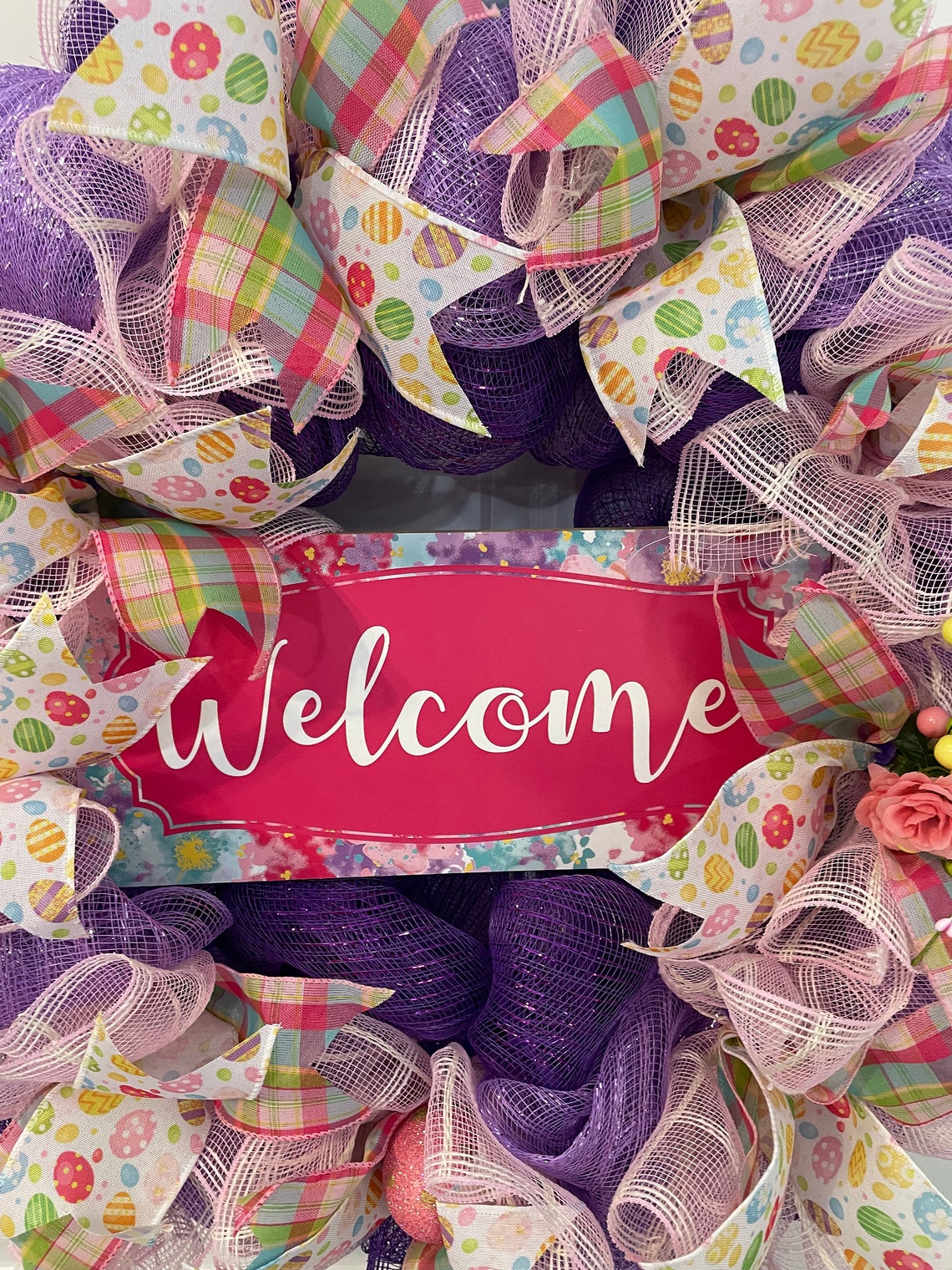 Spring Deco Mesh Welcome Wreath, Spring Wreath, Purple and Pink ...