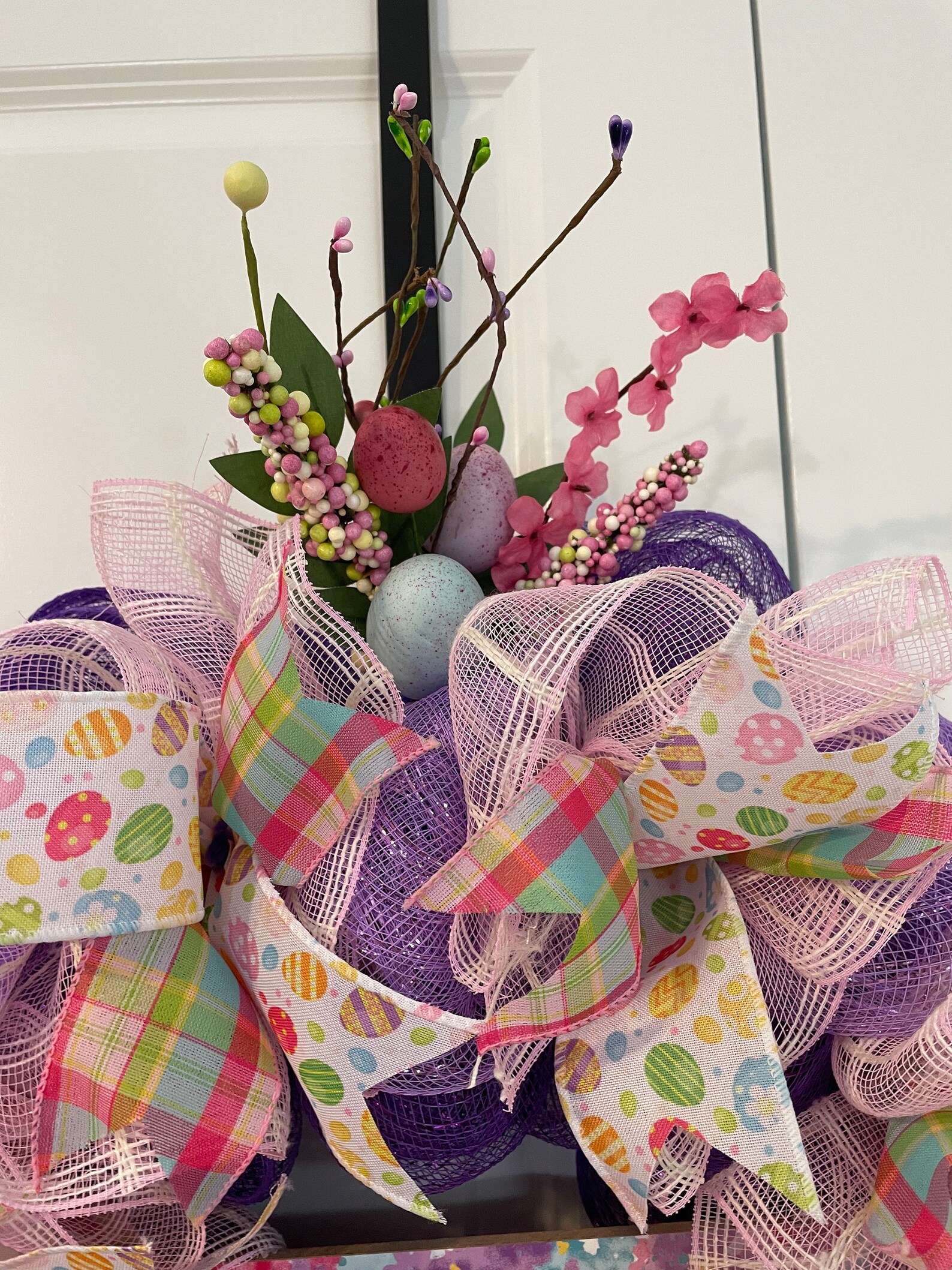 Spring Deco Mesh Welcome Wreath, Spring Wreath, Purple and Pink ...