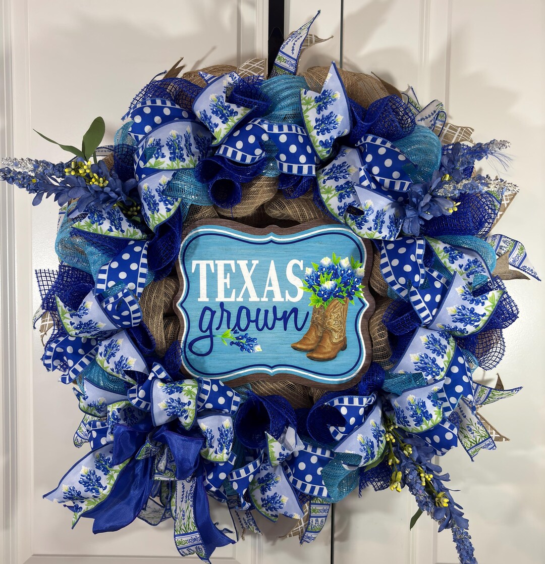 Texas Grown Bluebonnet Welcome Wreath for Your Home. Burlap and Blue ...