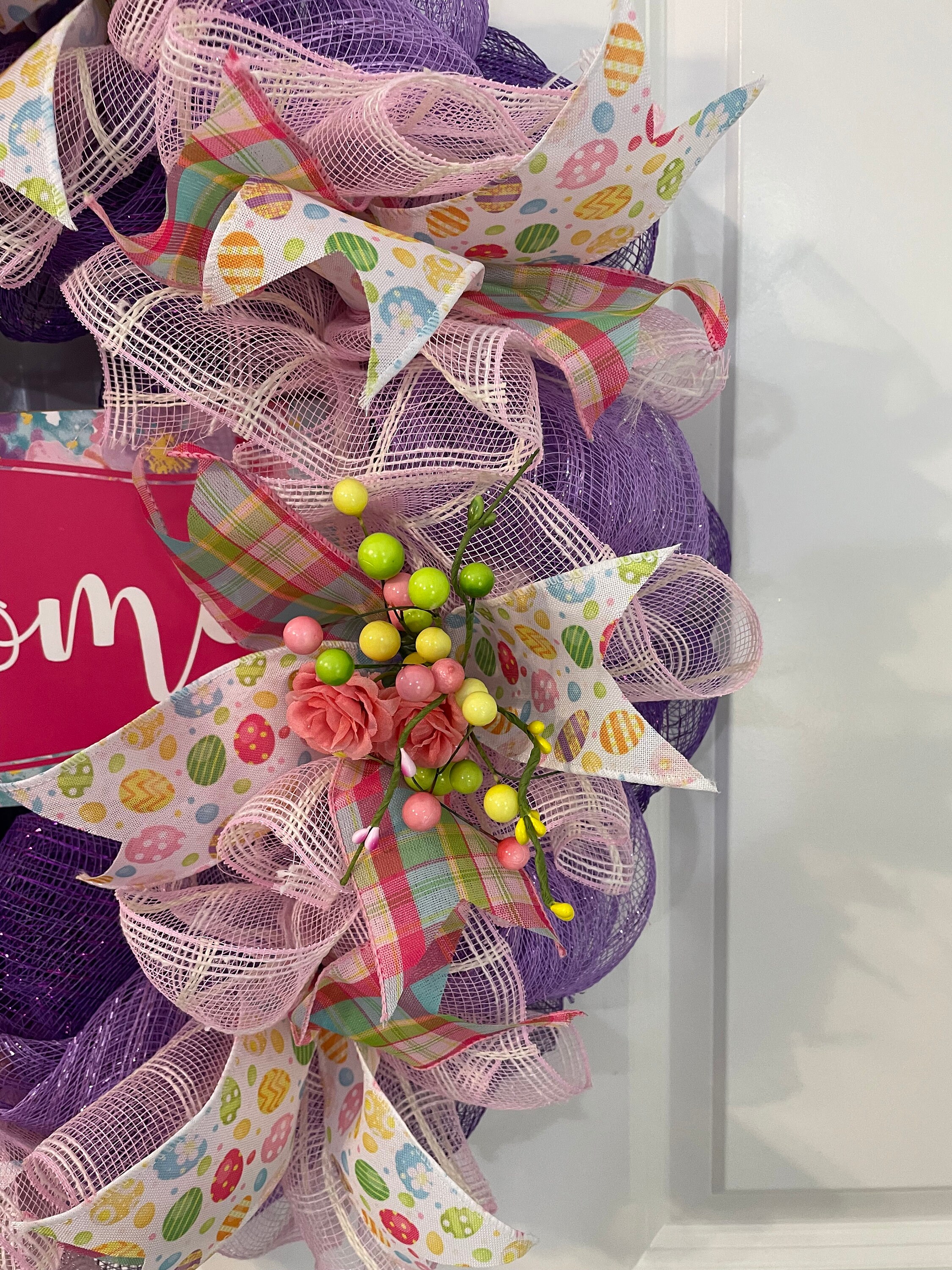 Spring Deco Mesh Welcome Wreath, Spring Wreath, Purple and Pink ...