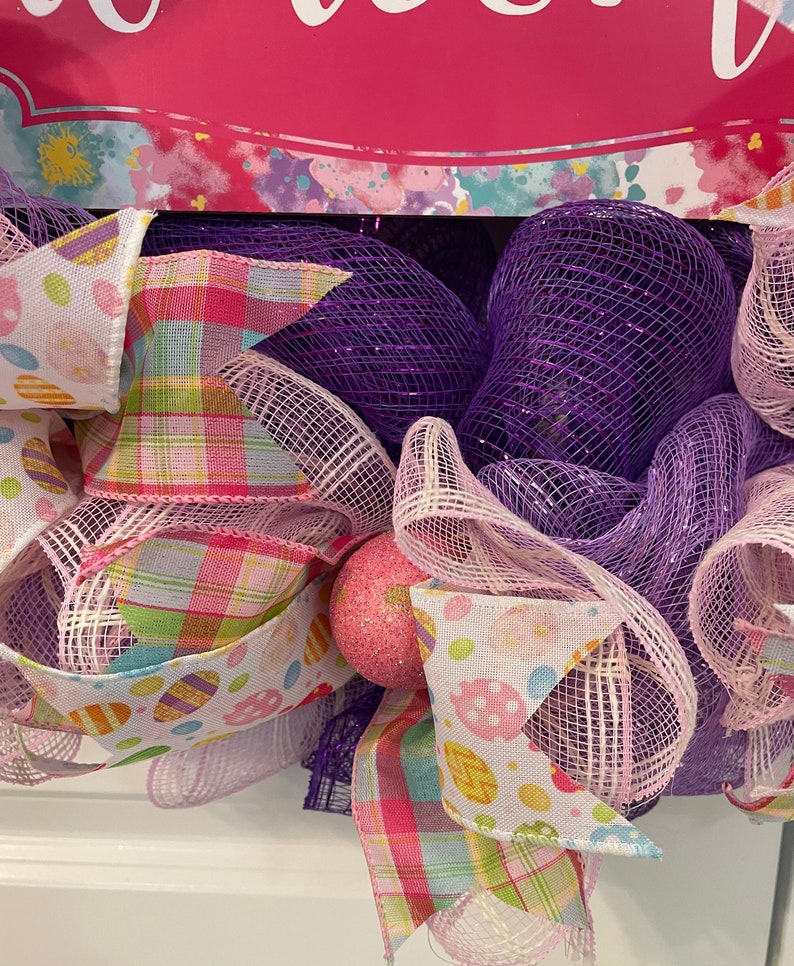 Spring Deco Mesh Welcome Wreath, Spring Wreath, Purple and Pink ...