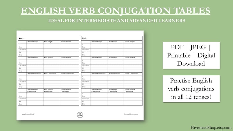 English Verb Conjugation Tables | Digital Download | Printable ...
