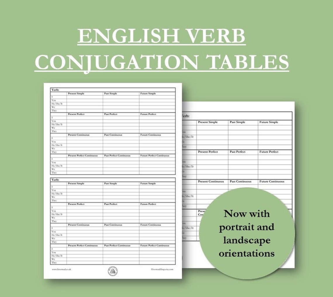 English Verb Conjugation Tables | Digital Download | Printable ...