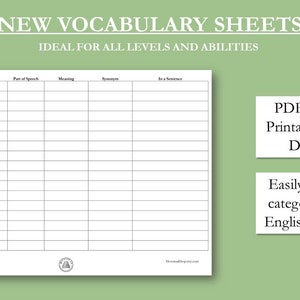 English Vocabulary Record Sheet | Digital Download | Printable | New ...