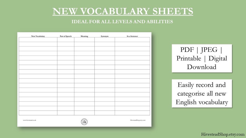 English Vocabulary Record Sheet | Digital Download | Printable | New ...