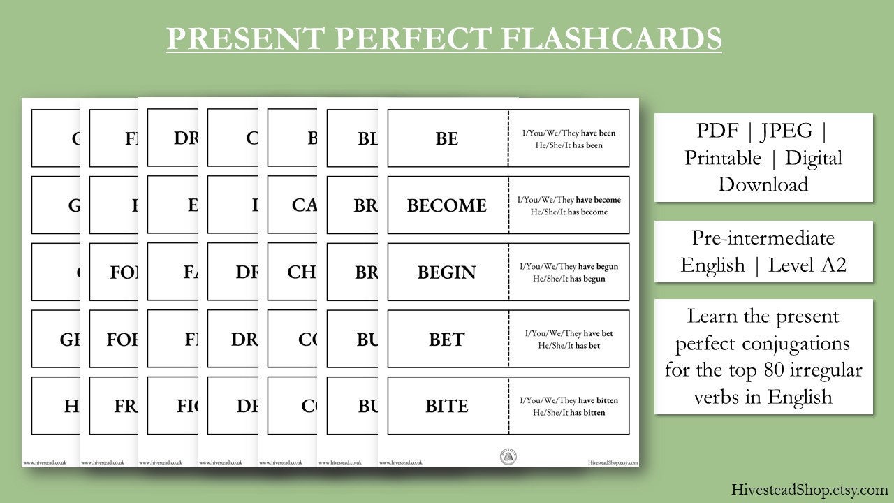 80 Common Present Perfect Tense Irregular Verb Flashcards Digital ...