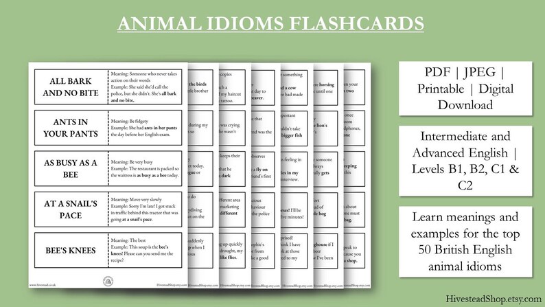 50 Common British English Animal Idioms Flashcards | Digital Download ...