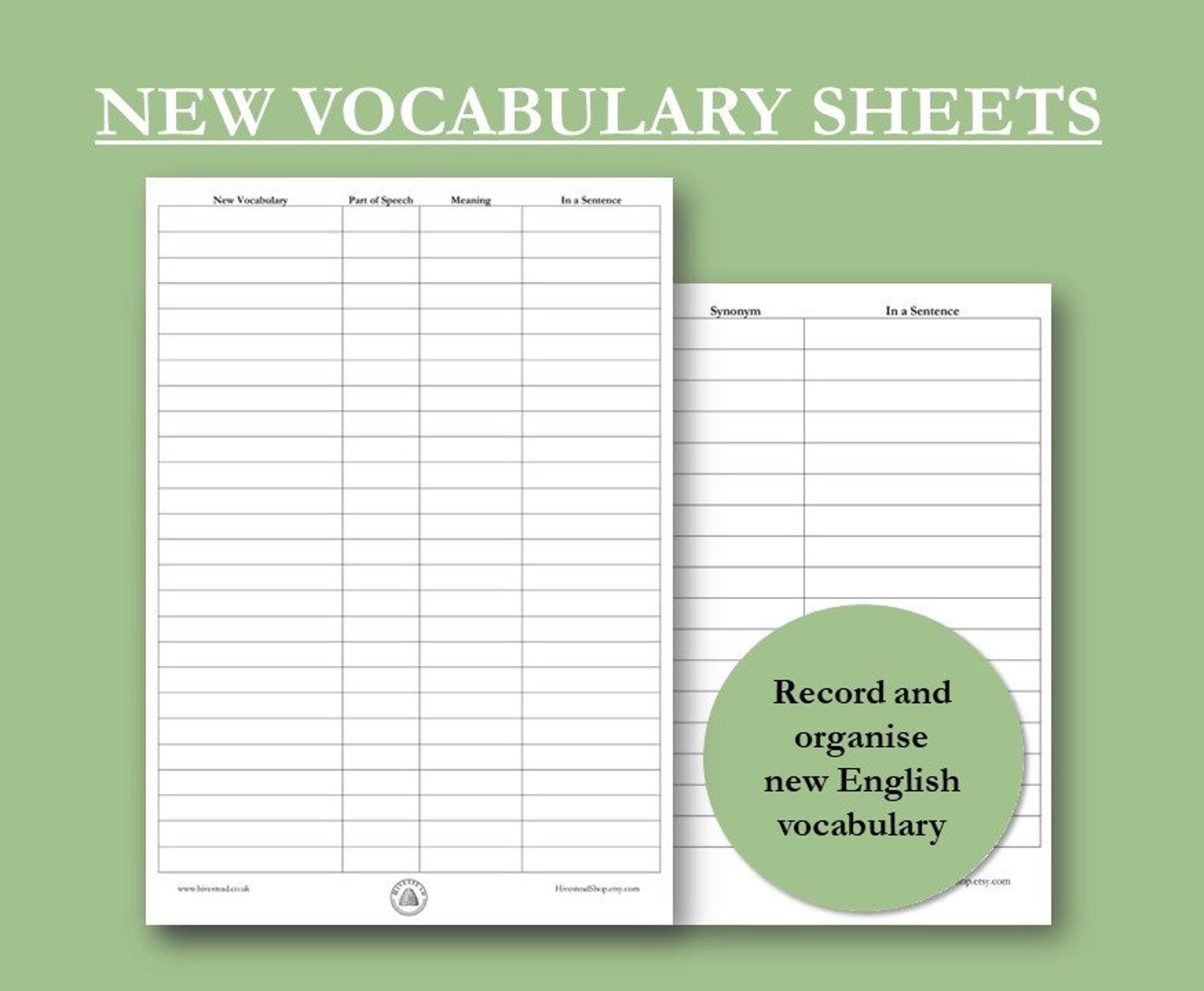 English Vocabulary Record Sheet | Digital Download | Printable | New ...
