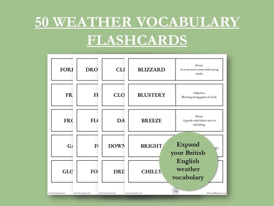 50 Common British English Weather Vocabulary Flashcards | Digital ...
