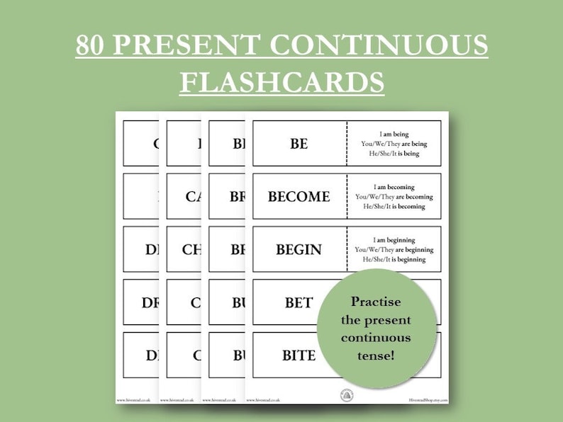80 Common Present Continuous Tense Irregular Verb Flashcards Digital ...