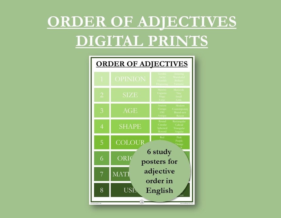 Order of Adjectives English Revision Study Poster Print Digital ...