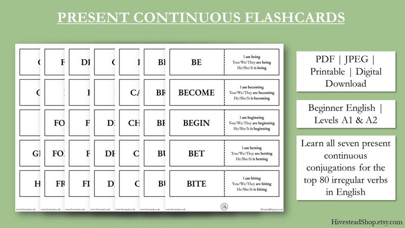 80 Common Present Continuous Tense Irregular Verb Flashcards Digital ...