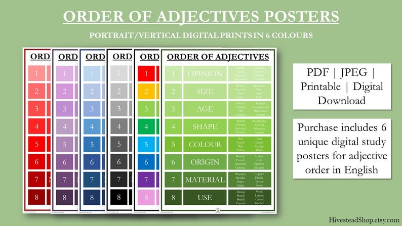 Order of Adjectives English Revision Study Poster Print | Digital ...