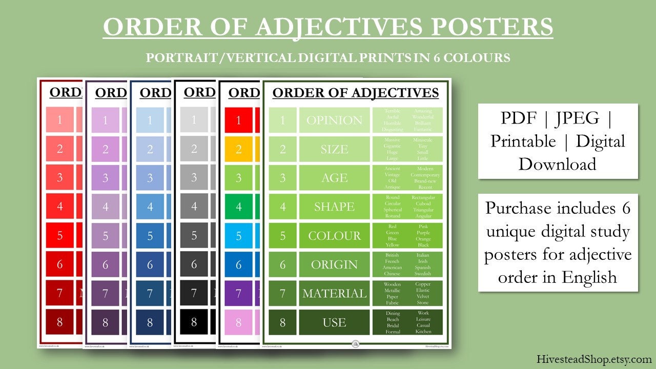 Order of Adjectives English Revision Study Poster Print Digital ...