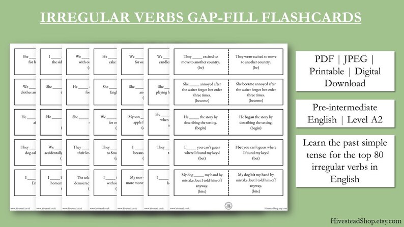 80 Common Irregular Verb Gap-fill Past Simple Tense Flashcards Digital ...