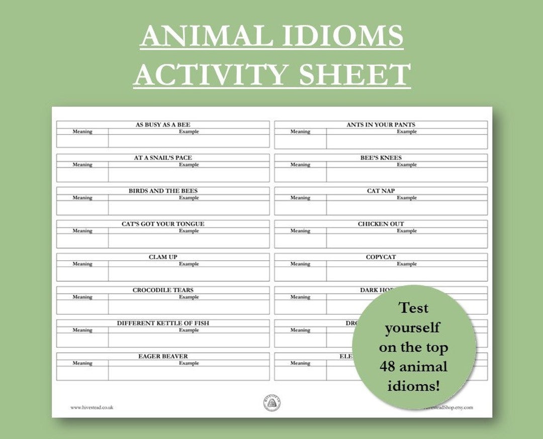 English Grammar Animal Idioms Worksheet Revision Activity | Digital ...