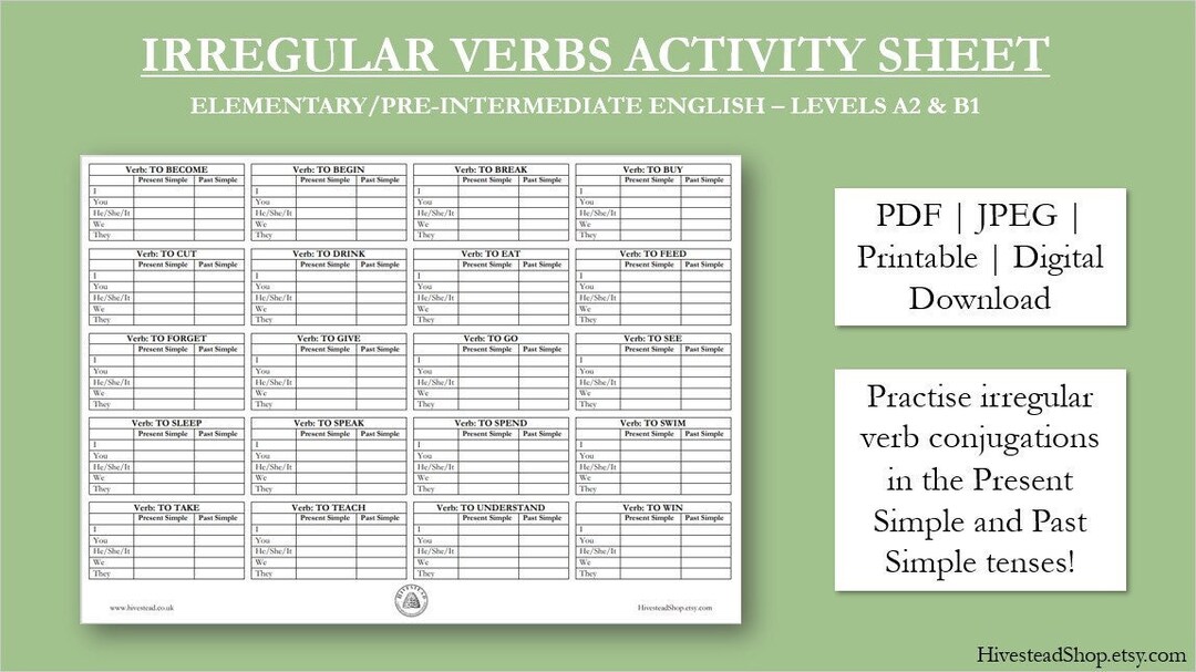 English Grammar Irregular Verb Worksheet Activity Digital - Etsy