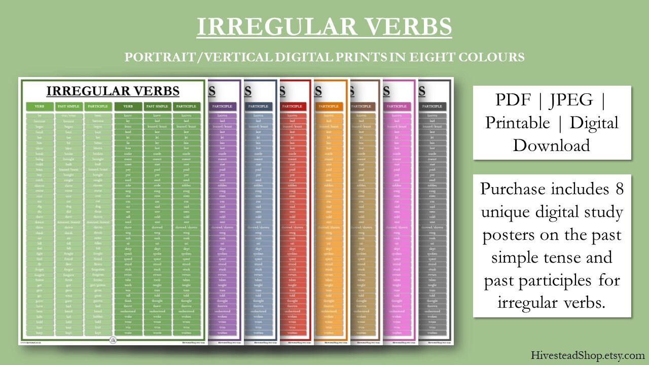 Irregular Verbs English Grammar Revision Study Poster Print | Digital ...