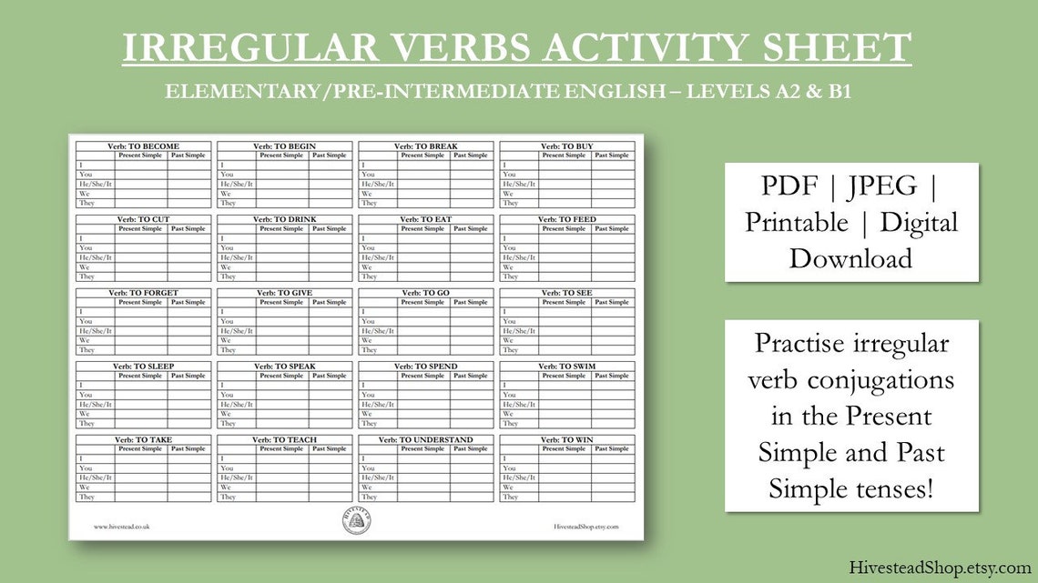 English Grammar Irregular Verb Worksheet Activity | Digital Download ...