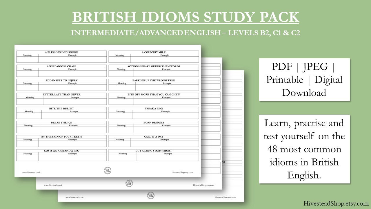 English Grammar British Idioms Worksheet Revision Activity Study Pack ...