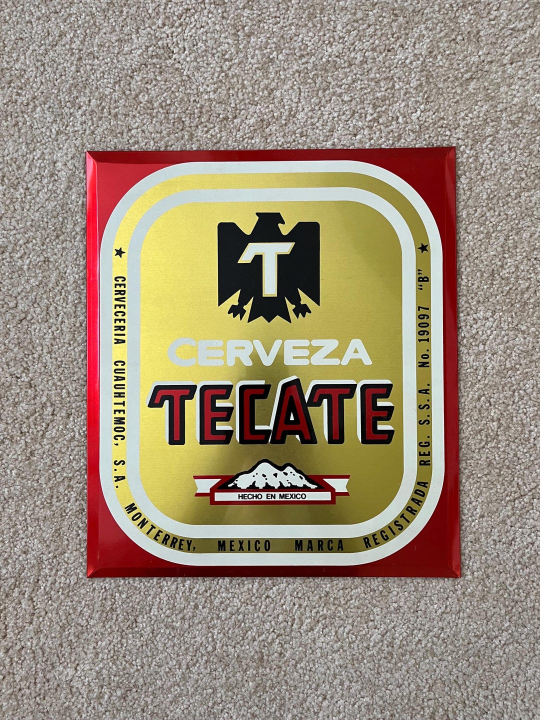 Vintage Cerveza Tecate Beer Tin Over Cardboard Metal Sign Cuauhtemoc ...