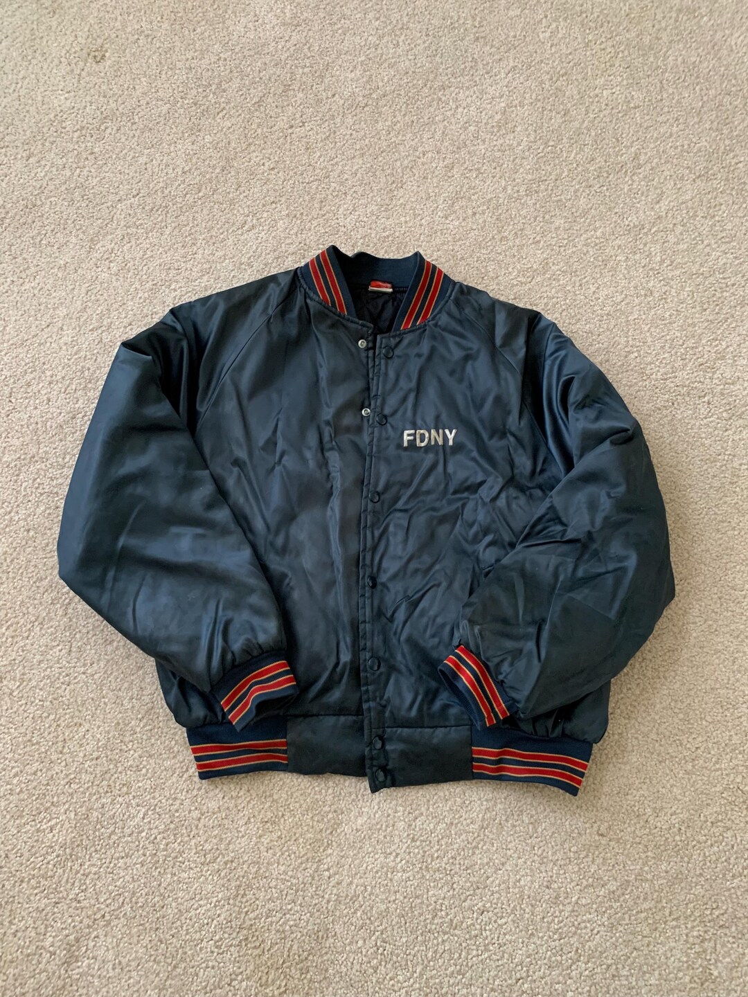 Vintage Original FDNY Satin Style Bomber Jacket Large Union Made in USA ...