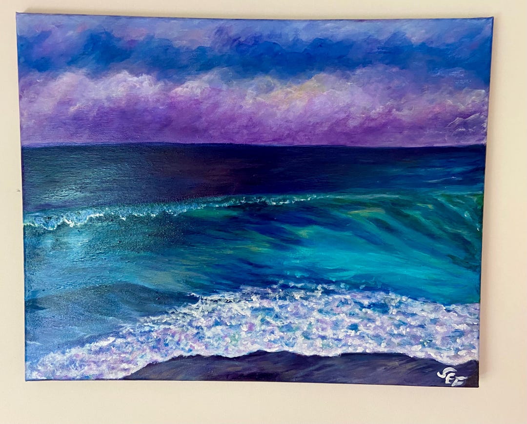 Abstract Seascape Purple Sunset Painting, Beach Wall Artwork on Canvas ...