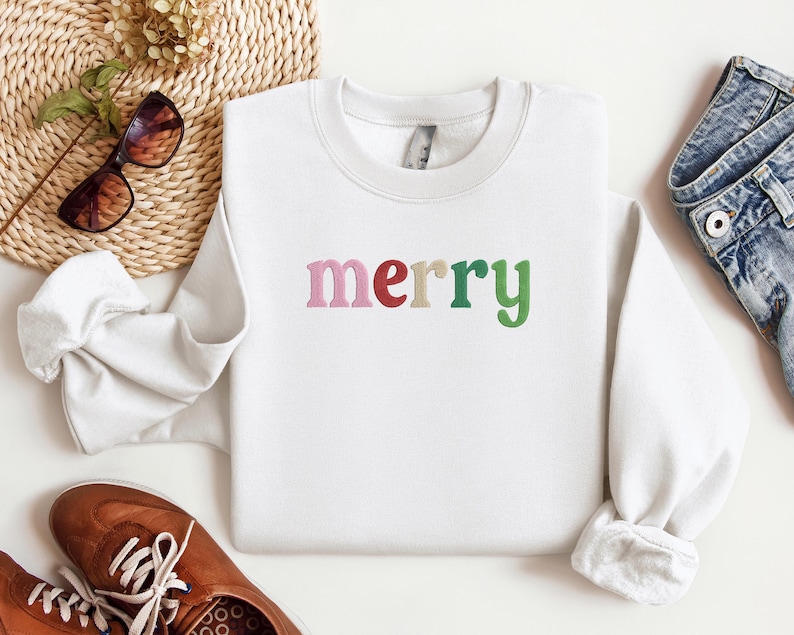 Embroidered Merry Sweatshirt, Embroidered Merry Christmas Shirt ...