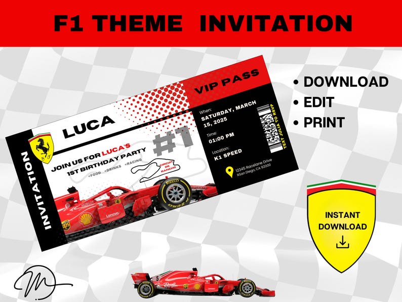 Ferrari F1 Birthday Invitation: VIP Pass, Editable (digital Download) - Etsy