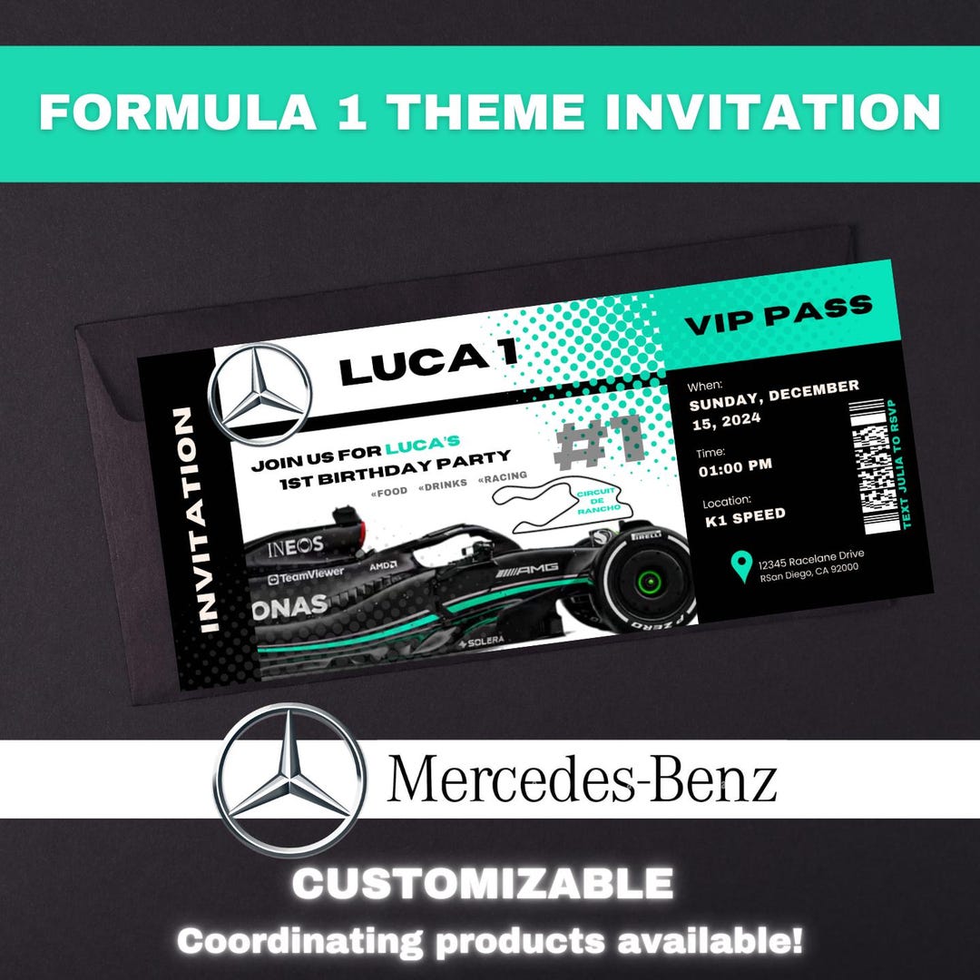 Mercedes Formula 1 Theme Personalized Birthday Invitation! Race Car ...