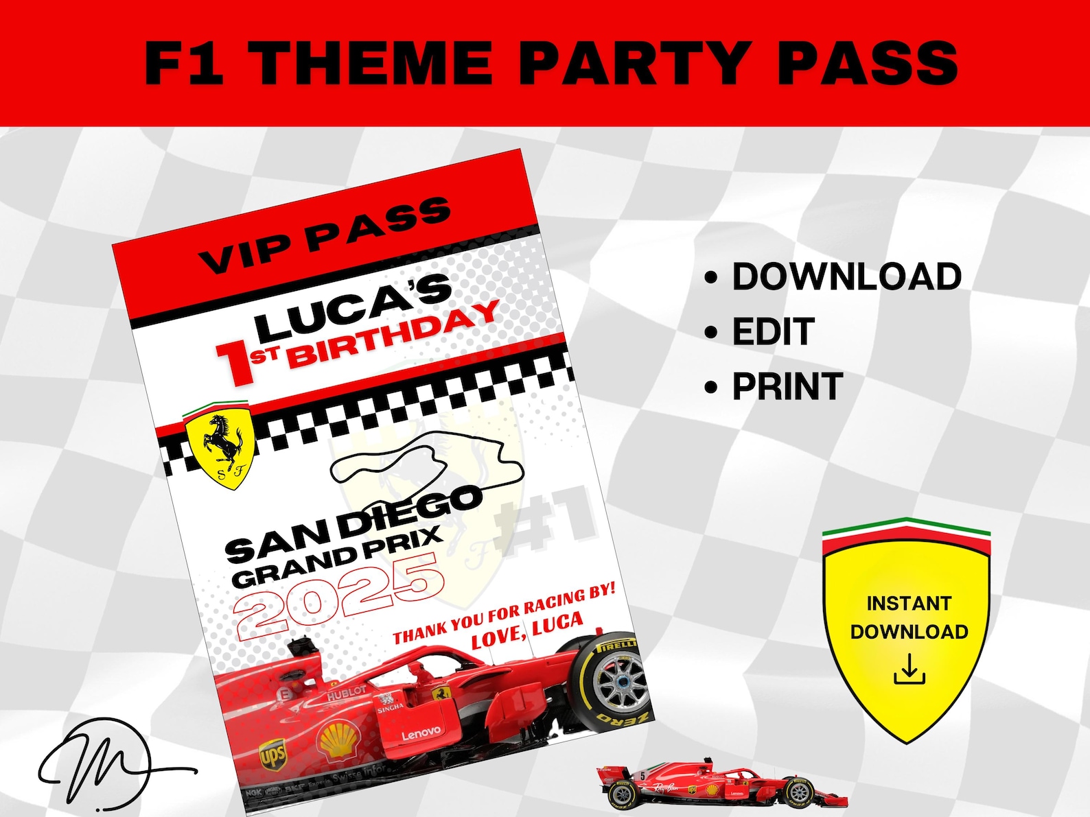 Customizable Formula 1 Ferrari-themed VIP Badge | First Birthday ...