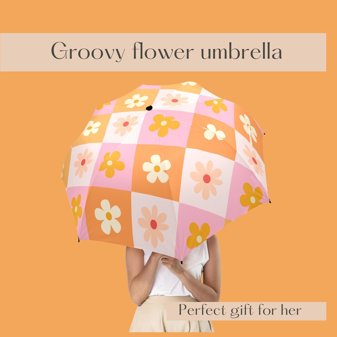 Retro Checker Pattern Umbrella, Cute Retro Checker Board Flower Travel ...