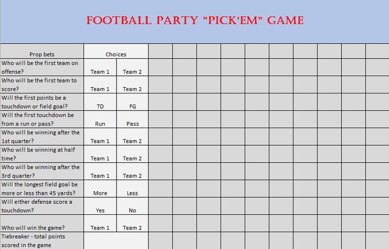 Easy Football Party Pick'em Game / Prop Bets - Etsy