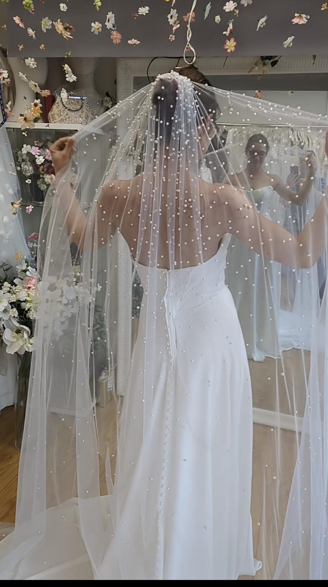 Cascading Single Layer Waterfall Raw Cut Veil Embellished With Pearls ...