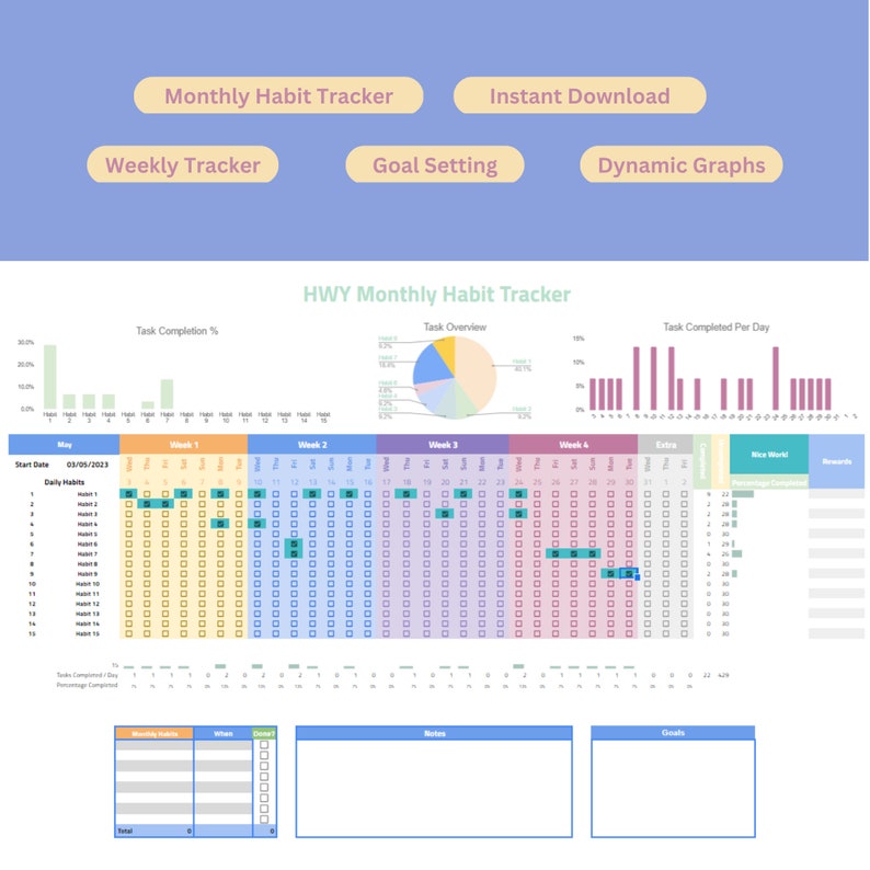 Monthly Habit Tracker Spreadsheet, Google Sheets Habit Tracker, Daily ...