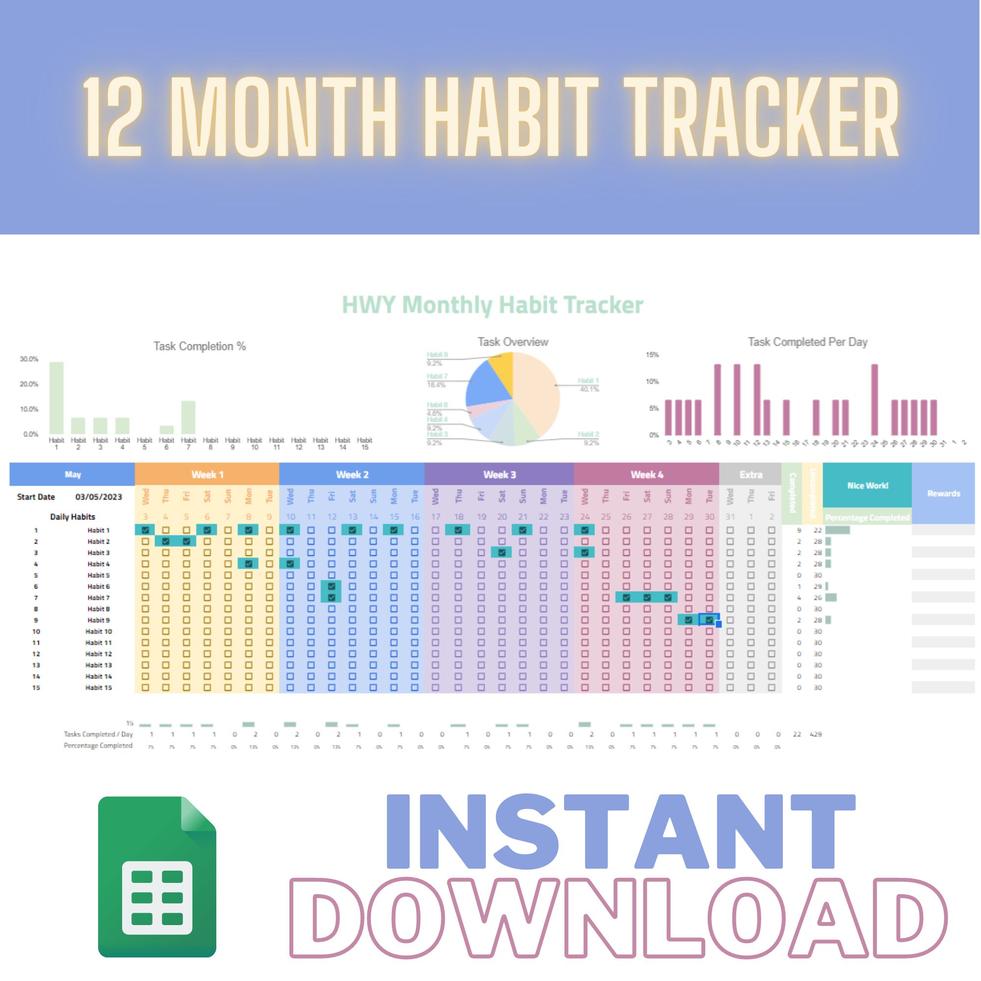 Monthly Habit Tracker Spreadsheet, Google Sheets Habit Tracker, Daily ...