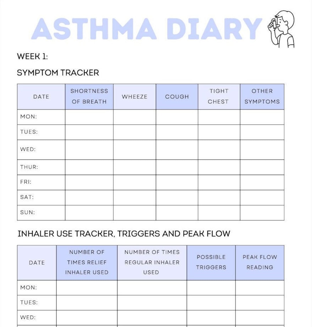 Asthma Diary, Health Tracker, Symptom Tracker, Asthma Log - Etsy