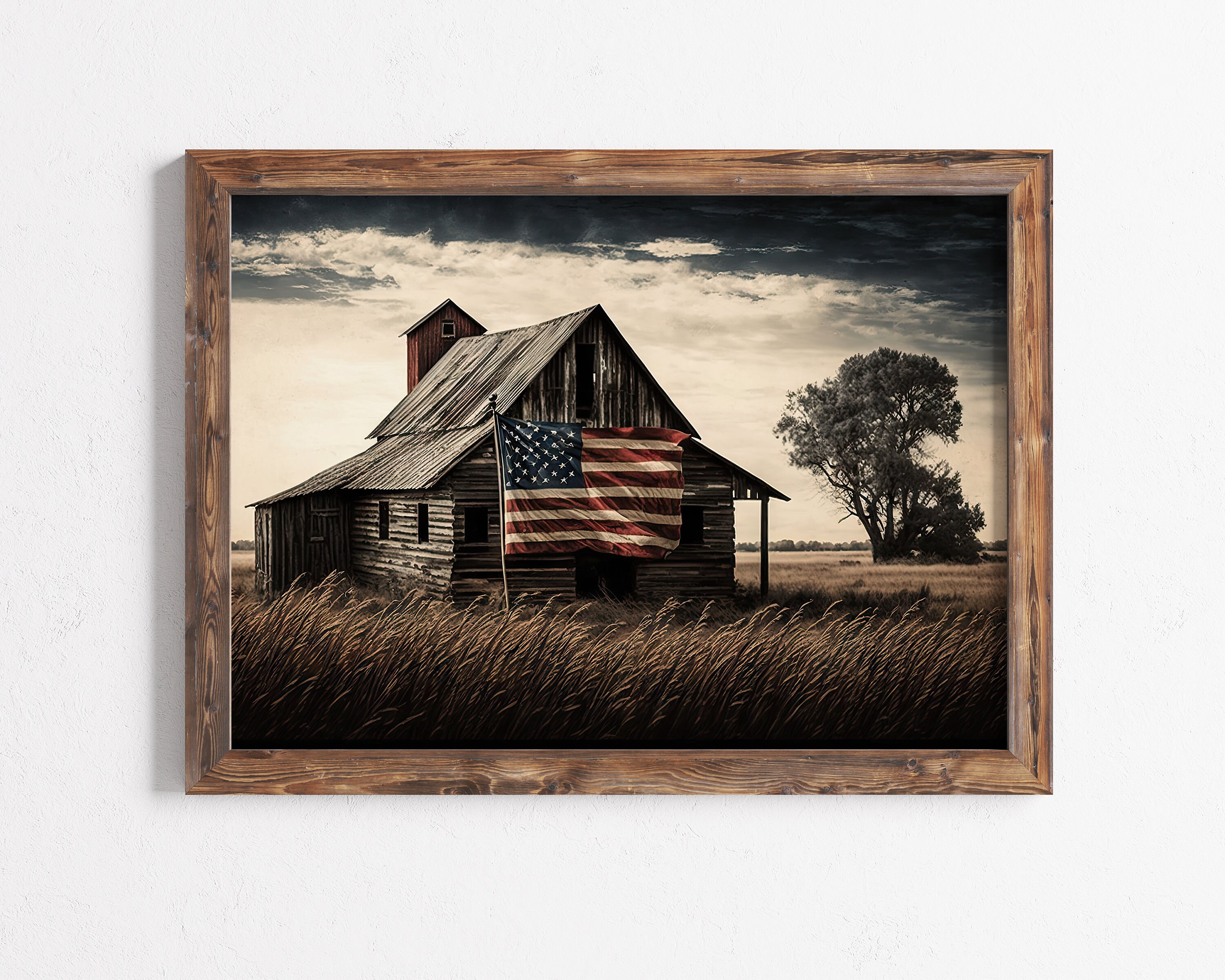 American Flag Print Rustic Barn American Flag Old House Print Patriotic ...