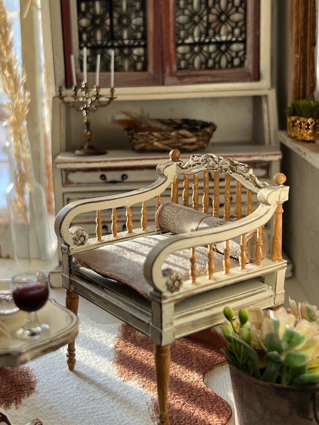 1:12 Miniature Scale Classic Spindle Chair Mini Brocante Sitting Wood ...