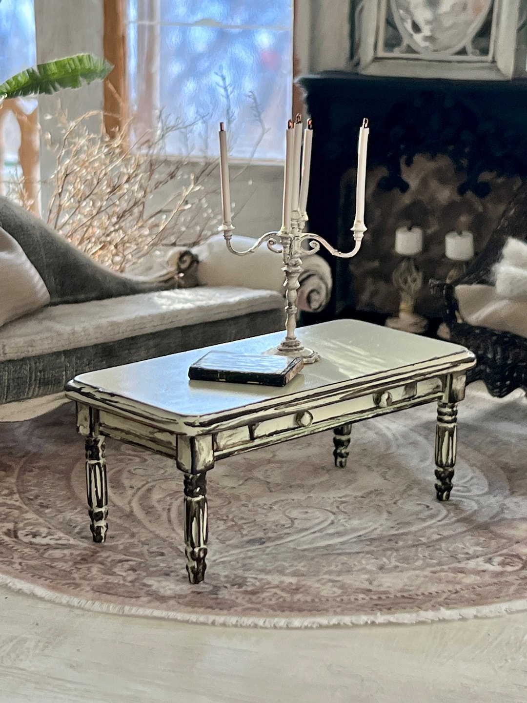 1:12 Miniature Wood Coffee Table With Drawer in Antique Celadon Green ...