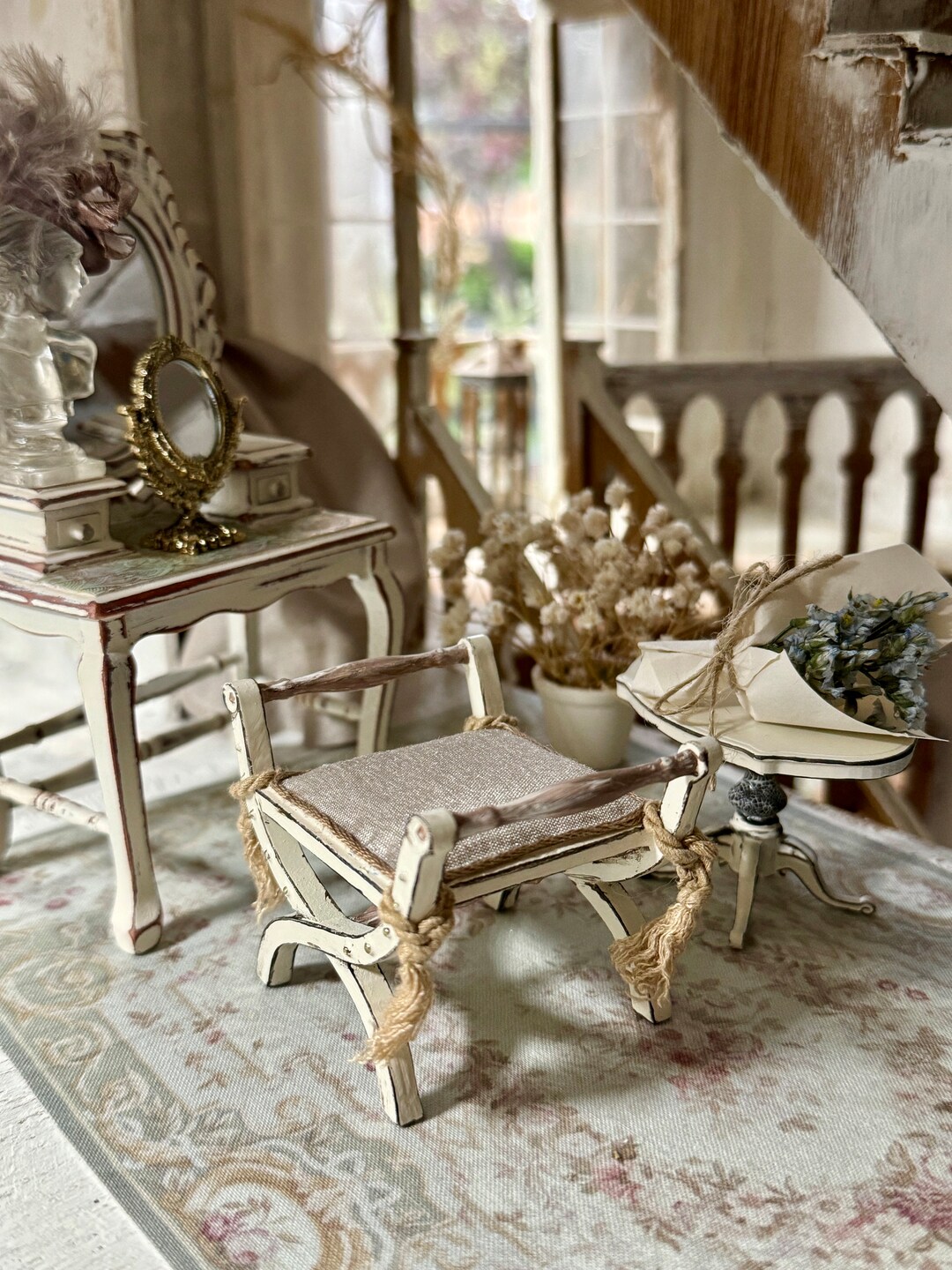 1:12 Miniature Bench Chair Brocante Sitting/dining Vintage Ornamental ...