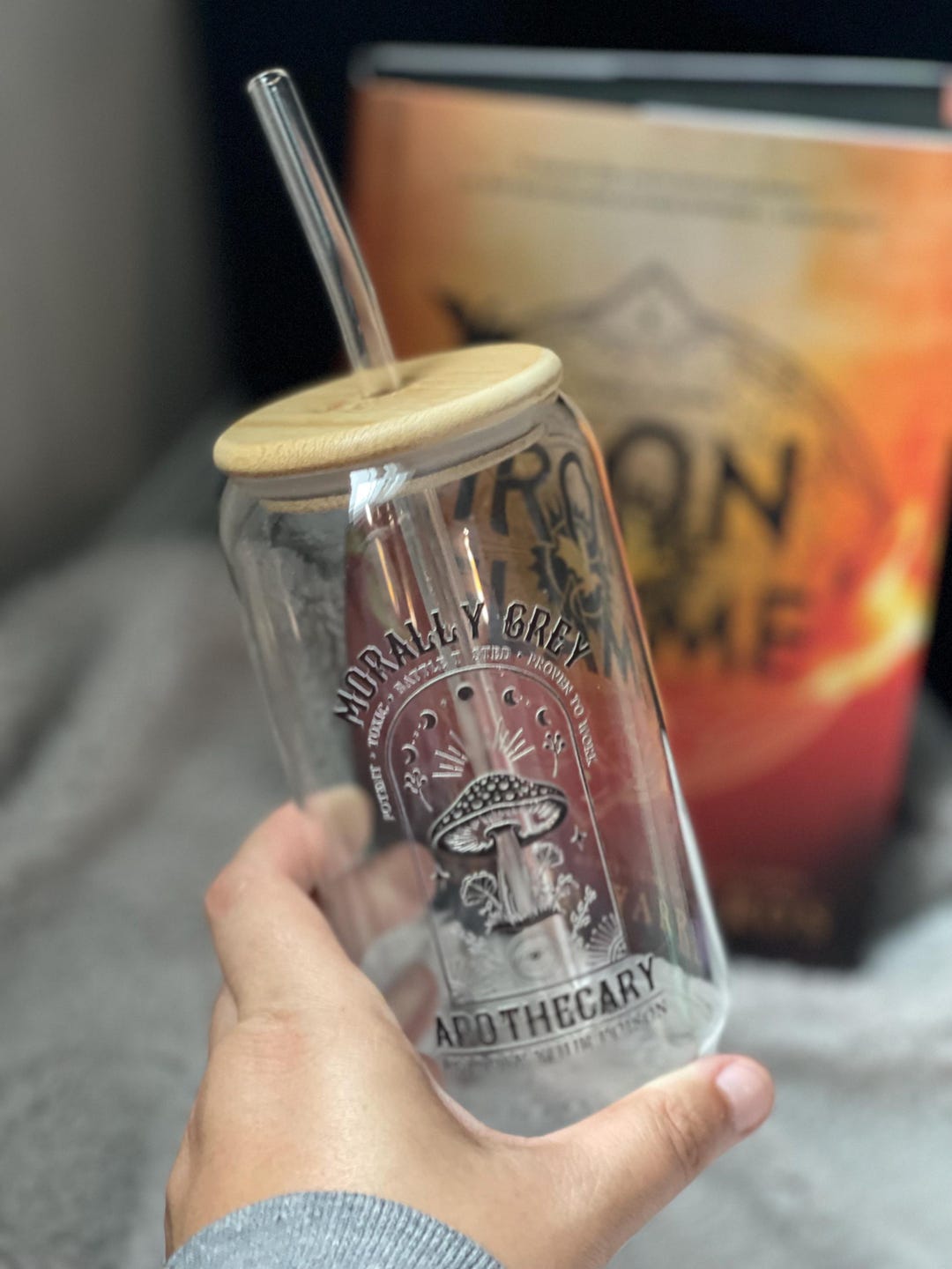 Morally Grey Drinking Glass | Bamboo Lid | Glass Straw | 16 Oz ...