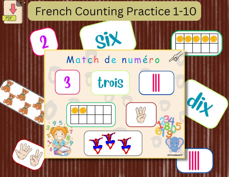 French Number Matching Activity 1 to 10 Montessori Counting Practice ...
