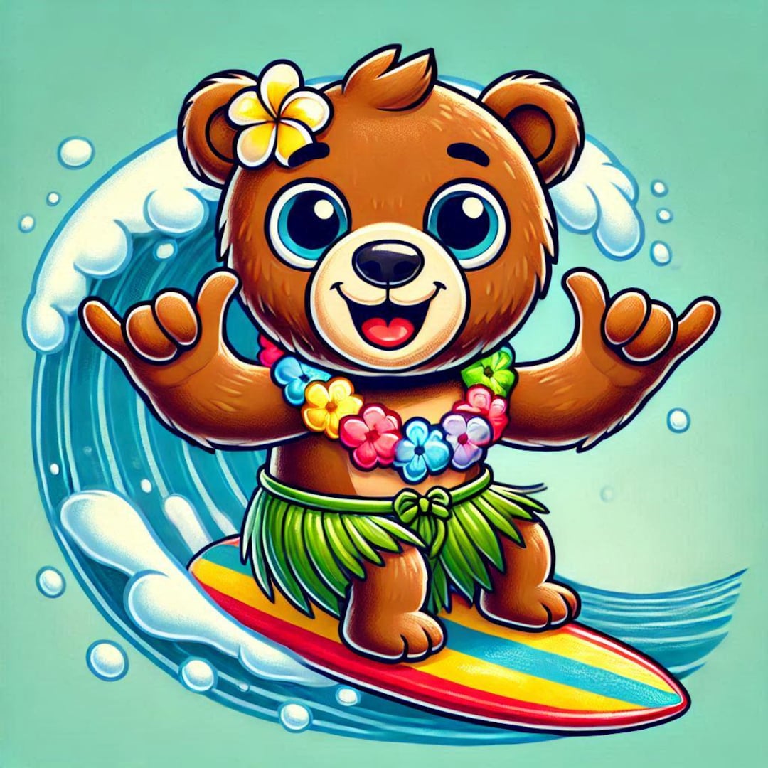Surfing Bear Making the Shaka Sign Wearing a Lei - Etsy