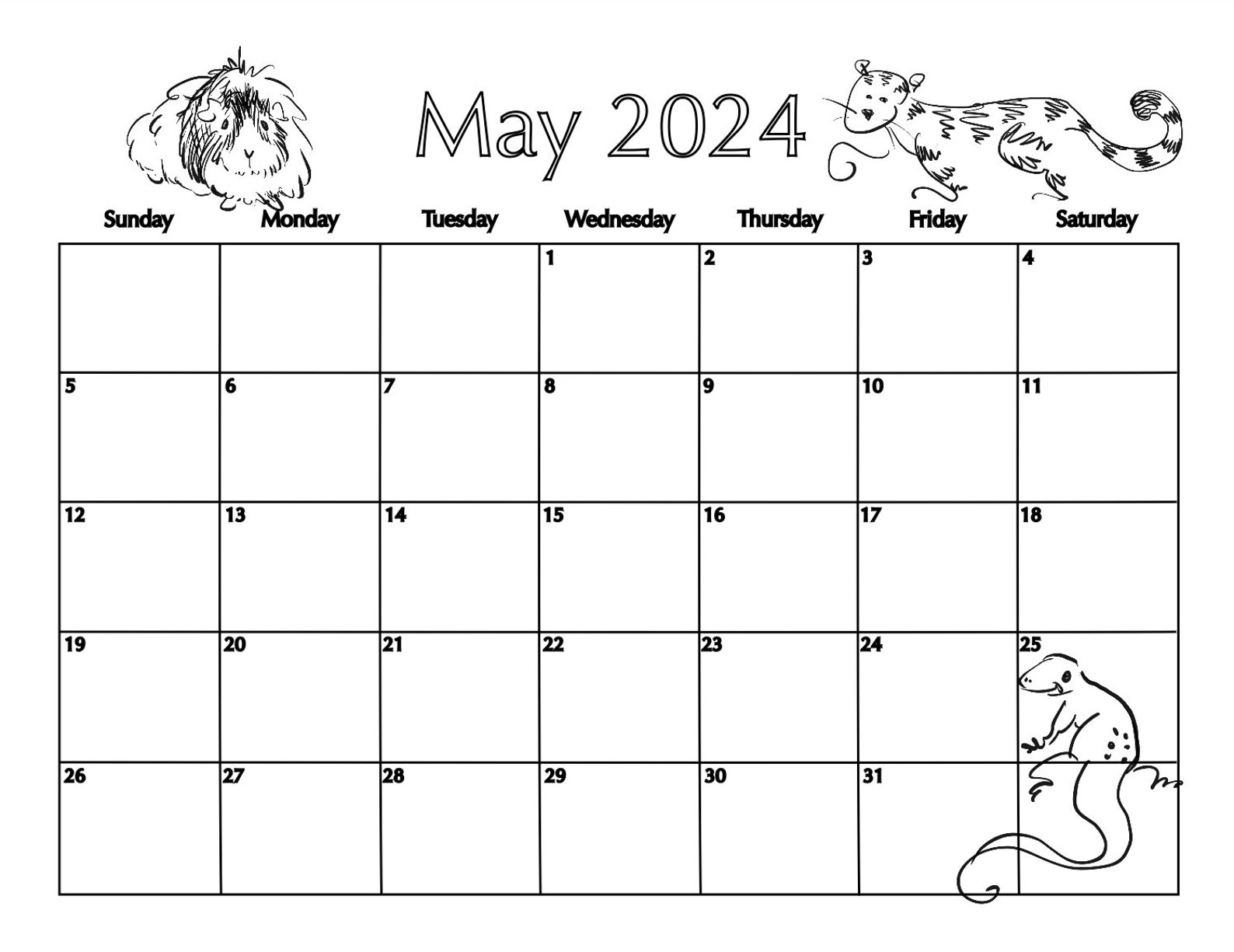 2024 Printable Calendar With 12 Original Animal Illustrations 8.5x11 - Etsy
