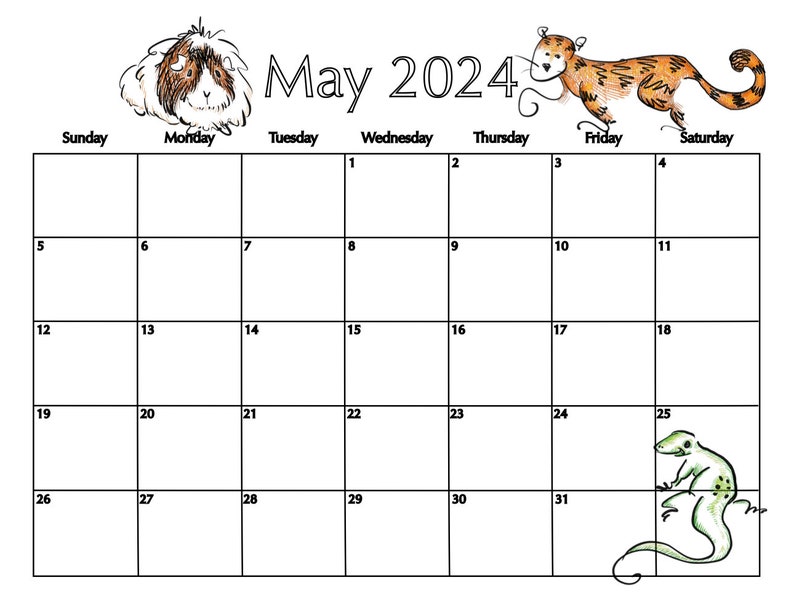 2024 Printable Calendar With 12 Original Whimsical Animal Illustrations ...