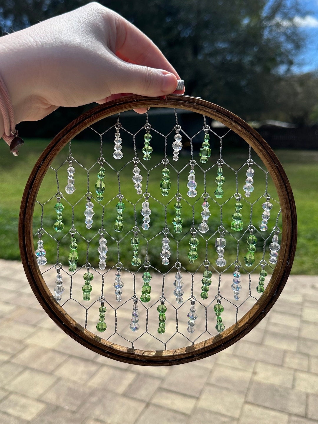 Glass Bead Chicken Wire Suncatcher Handmade Suncatcher Embroidery Hoop Suncatcher Glass Bead