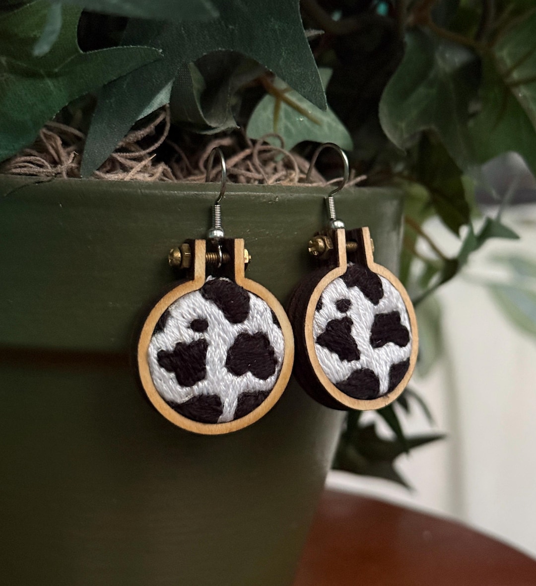 Hand Embroidered Cow Print Earrings Mini Embroidery Hoops Dangle ...